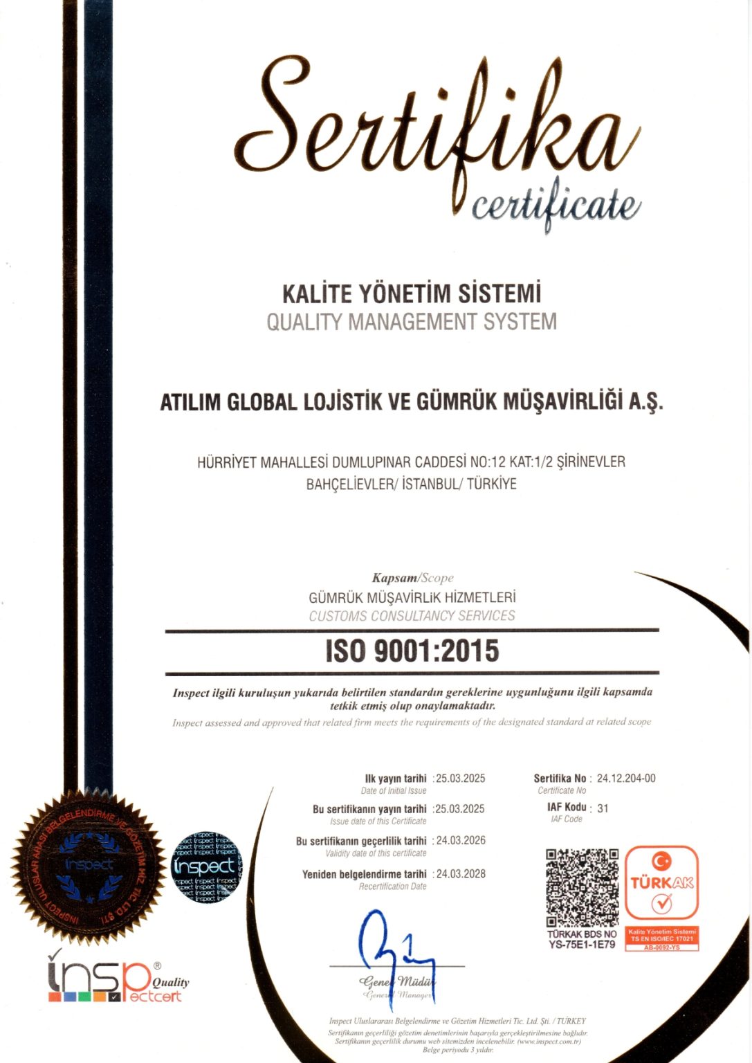 ISO 9001: 2015 (Kalite Yönetim Sistemi) - ATILIM Gümrük Müşavirliği